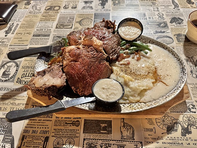 Behold, the star of the show! This prime rib isn't just a meal, it's a meaty masterpiece that'll make you want to write cowboy poetry.