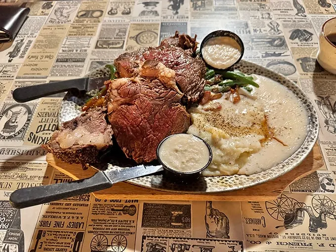 Behold, the star of the show! This prime rib isn't just a meal, it's a meaty masterpiece that'll make you want to write cowboy poetry.