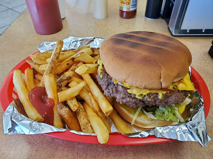 Behold, the burger of your dreams! This hefty handful is what happens when 'supersize' meets 'super tasty'.