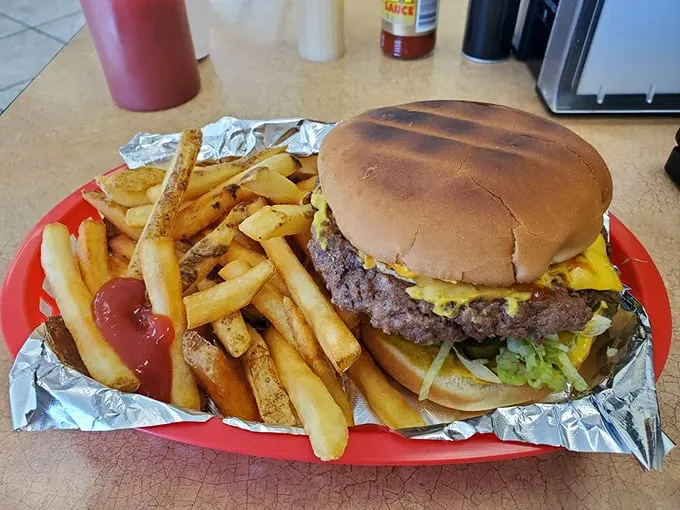 Behold, the burger of your dreams! This hefty handful is what happens when 'supersize' meets 'super tasty'.