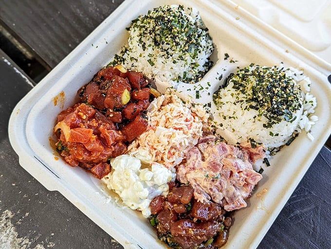 A poke plate that's more colorful than a Hawaiian shirt convention. Each bite is a tiny vacation for your taste buds.