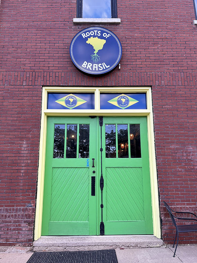 Roots of Brasil: A slice of Rio in Sioux Falls! Those vibrant green doors are like a portal to South American seafood paradise.