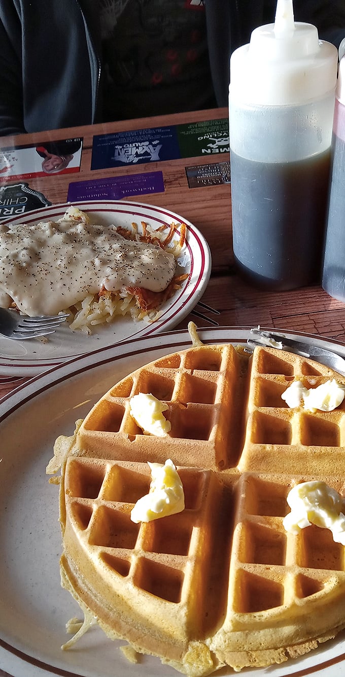 Syrup rivers and butter lakes make this waffle a topographic treasure map of deliciousness. X marks the spot!