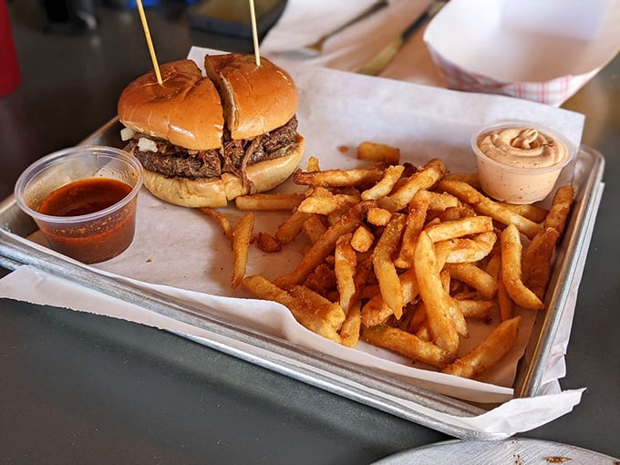 Double the pleasure, double the fun! These twin burgers are ready to take on your hunger, with a side of crispy fries for good measure.