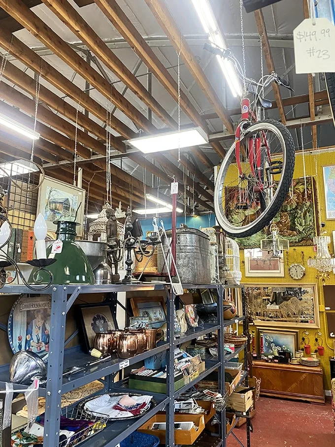 Suspended bicycles and vintage knick-knacks – it's as if Mary Poppins decided to redecorate using only flea market finds.