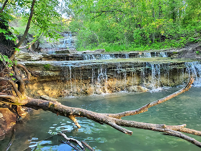 Chase State Fishing Lake's tiered waterfalls create nature's own spa soundtrack, a serene spot where the only notification you'll receive is from a curious bird or splashing fish.