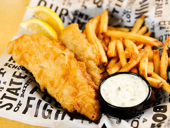 Fish and chips that would make a British pub proud, with a crispy golden exterior giving way to flaky white fish underneath.