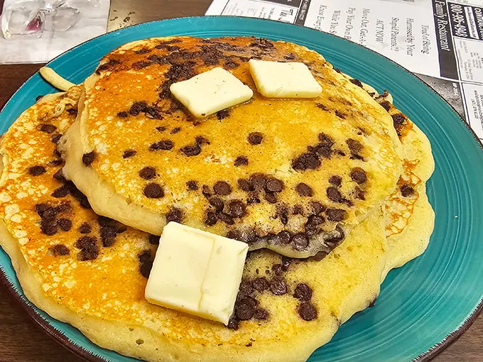 Chocolate chip pancakes or edible frisbees? Either way, these fluffy discs of joy are ready for their syrupy close-up.