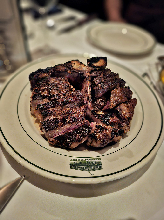 Not just a steak but a monument to carnivorous perfection, this porterhouse bears the distinctive char that's been Smith & Wollensky's signature for decades.