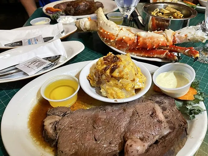 The ultimate surf and turf showdown! This prime rib and Alaska King Crab combo is like a delicious reenactment of "Deadliest Catch" meets "Top Chef."