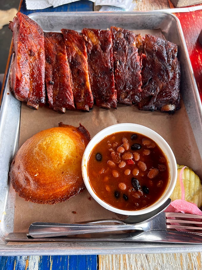 A feast fit for a king... or just a really hungry Minnesotan. Ribs, beans, and cornbread – the BBQ trifecta!