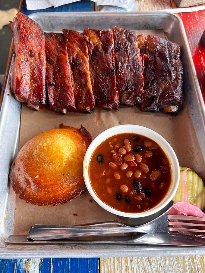 A feast fit for a king... or just a really hungry Minnesotan. Ribs, beans, and cornbread – the BBQ trifecta!