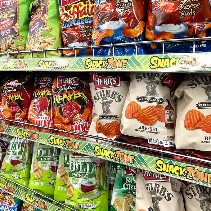 The snack aisle: where Herr's meets Stubbs in a Pennsylvania flavor summit that costs less than your morning coffee.