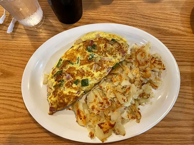 The Western omelette that won the East! This golden pocket of deliciousness is packed tighter than a cowboy's saddlebag, ready to fuel your day's adventures.