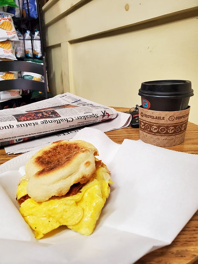 The holy trinity of morning bliss: a hearty egg sandwich, steaming coffee, and the day's news. Who needs alarm clocks?
