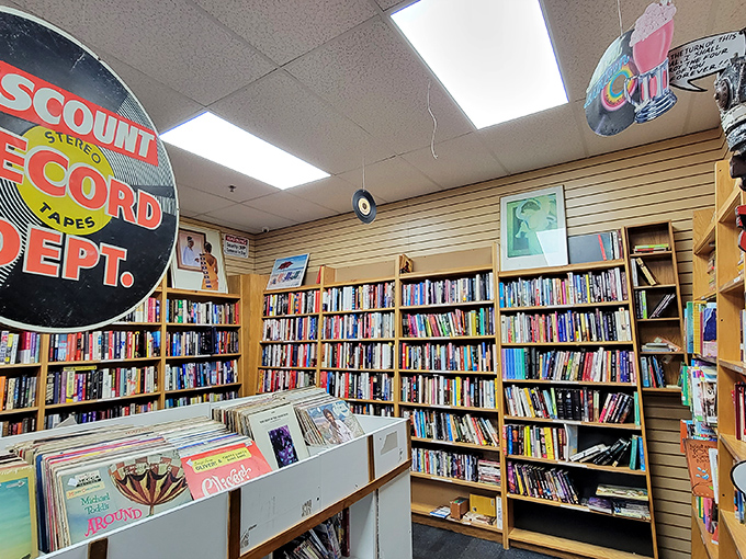 Vinyl enthusiasts, prepare to lose track of time! The "Discount Record Dept." sign beckons collectors to dig through musical treasures of decades past.