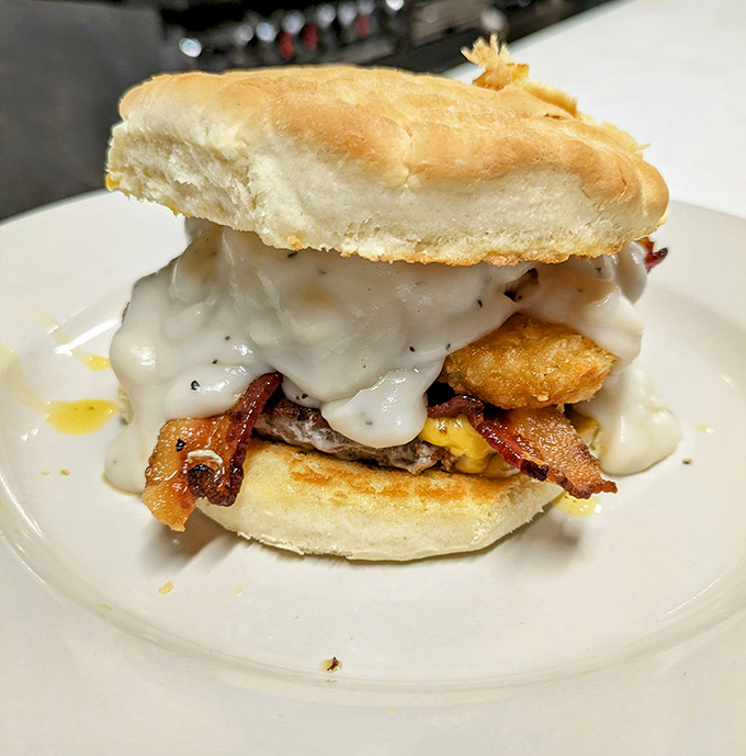 This breakfast sandwich isn't trying to reinvent the wheel—it's just making sure the wheel is delicious, satisfying, and smothered in gravy.