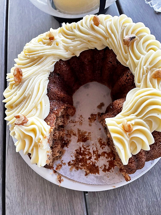 This carrot bundt cake is wearing a cream cheese frosting toupee that would make Donald Trump jealous. It's a vegetable, so it's basically a salad, right?