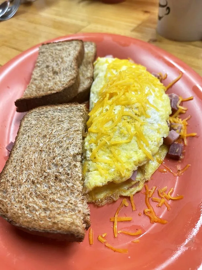 This isn't just an omelet – it's a cheese-draped sunrise on a plate, with whole wheat toast standing by for important yolk-sopping duties.