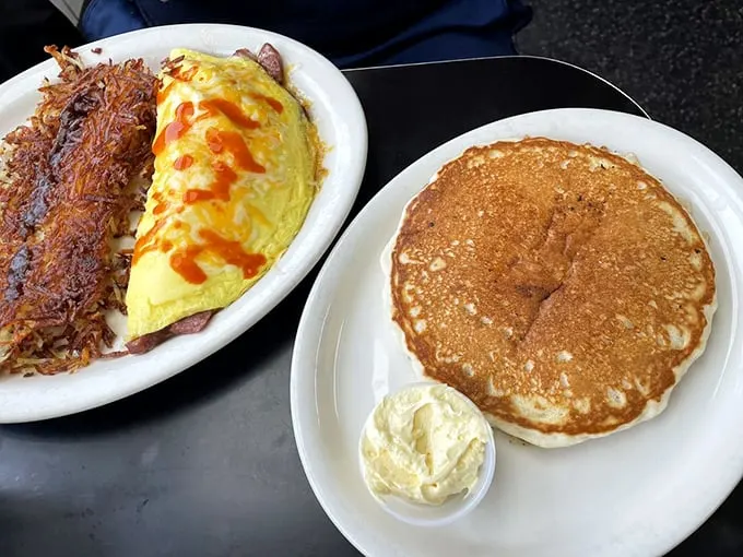 Breakfast indecision? Problem solved! This plate is like having your cake and eating it too – if your cake was made of eggs and pancakes.