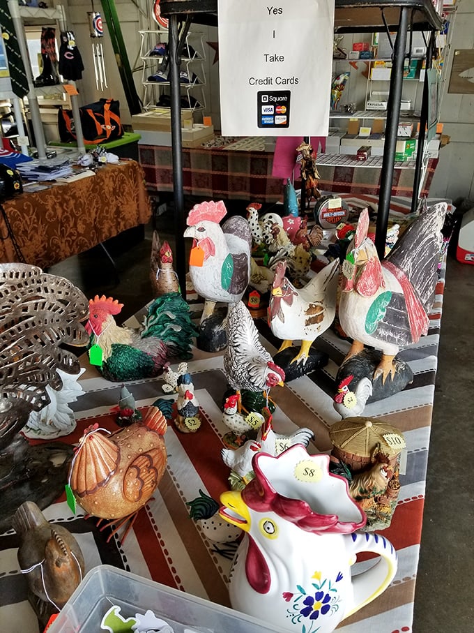 Why did the ceramic chicken cross the flea market? To join this colorful coop of collectibles, of course! A poultry lover's dream come true.