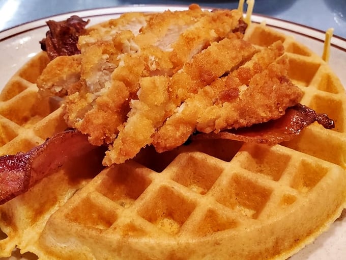 Chicken and waffles: The ultimate breakfast identity crisis that somehow works. It's the mullet of meals – business and party!