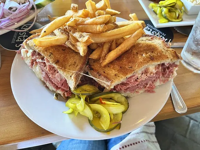 The eighth wonder of the culinary world! Krista's Reuben is a monument to the art of sandwich-making, complete with pickle sidekicks.
