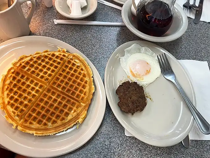 The breakfast of champions! This classic combo of waffle, eggs, and coffee is like a morning pep talk on a plate.
