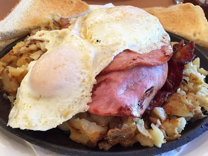 The aptly named "Destroyer" skillet doesn't just satisfy hunger—it obliterates it with a mountain of potatoes, eggs, meat, and morning glory.