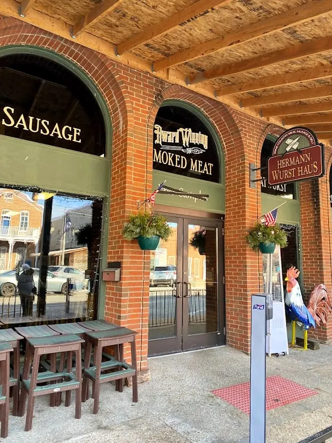 The Hermann Wurst Haus promises sausage nirvana behind those brick arches – where German culinary traditions are preserved with the reverence of sacred texts.