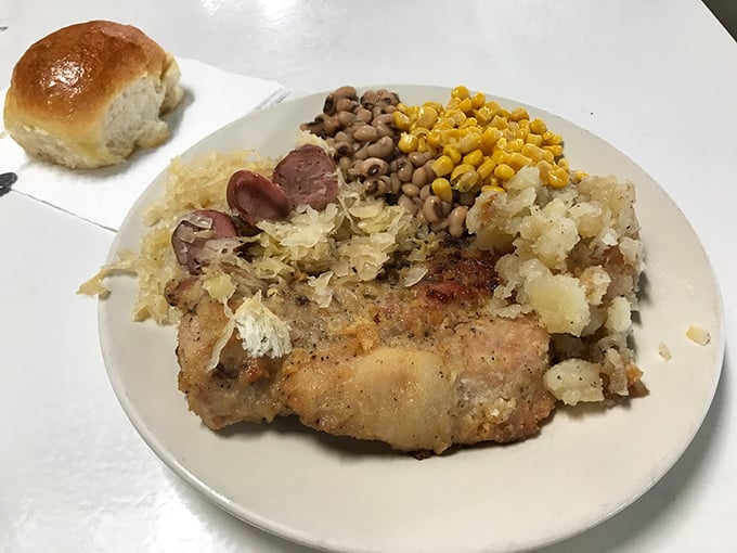 Southern comfort on a plate. When pork chops, black-eyed peas, and potatoes get together, they're not just a meal—they're a committee meeting on satisfaction.