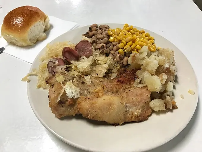 Southern comfort on a plate. When pork chops, black-eyed peas, and potatoes get together, they're not just a meal—they're a committee meeting on satisfaction.