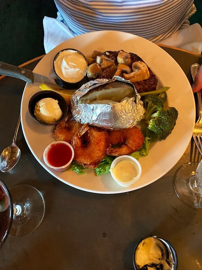 Land and sea unite on this plate. It's the culinary equivalent of a country-western duet with a mermaid.