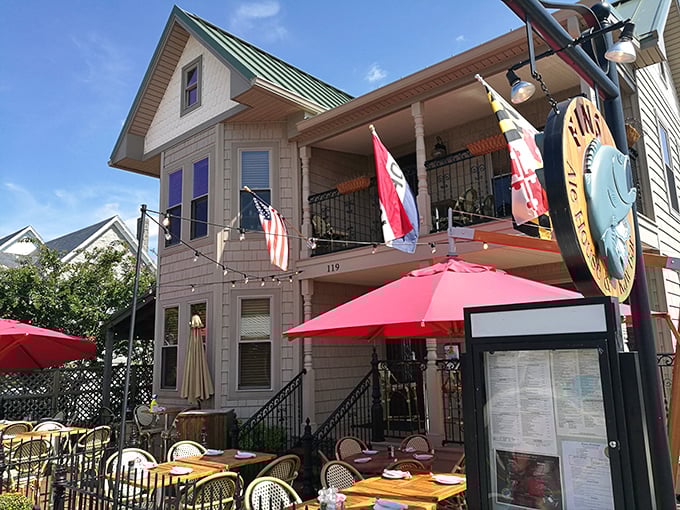The Sterling Tavern's cheerful patio invites you to linger over lunch. Those Maryland flags aren't just decoration—they're a proud reminder you're in crab cake territory.