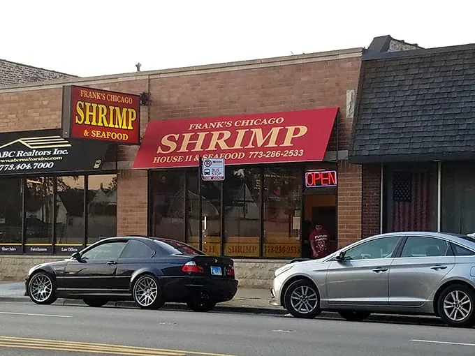 Frank's Chicago Shrimp House: Where shrimp dreams come true since 1946. That red awning? It's actually a cape for seafood superheroes.