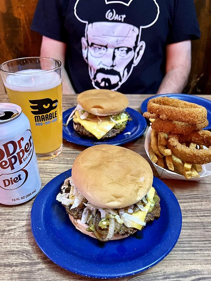 A cold beer, a juicy burger, and onion rings – it's like the holy trinity of comfort food. Can I get an "Amen"?