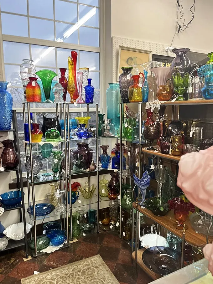 A rainbow of nostalgia in glass form. From delicate decanters to funky vases, this collection could make even a minimalist weak in the knees.