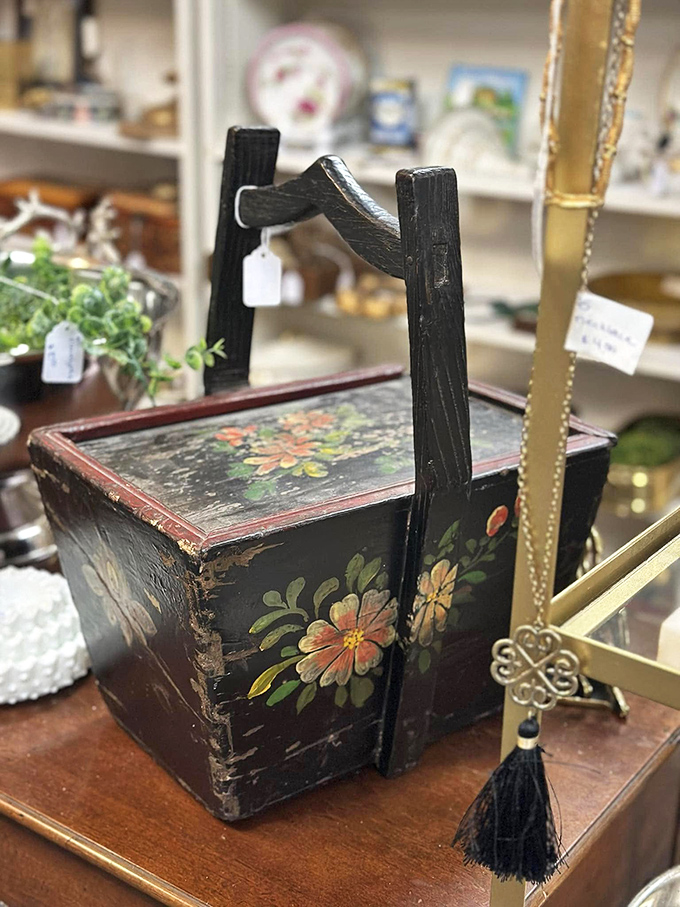 A hand-painted wooden rice basket that's traveled further than most people's vacation photos—and looks better too.