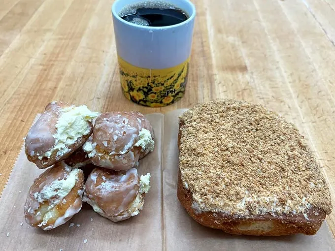 The breakfast of champions. This combo of donuts and coffee is the fuel that powers Pierre's movers and shakers.