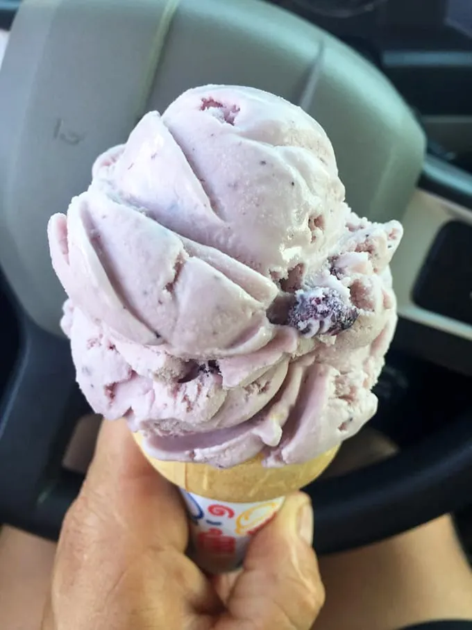 Huckleberry ice cream so vibrant, it could make Violet Beauregarde jealous. Each scoop is like a taste of summer in the great outdoors – minus the bears.