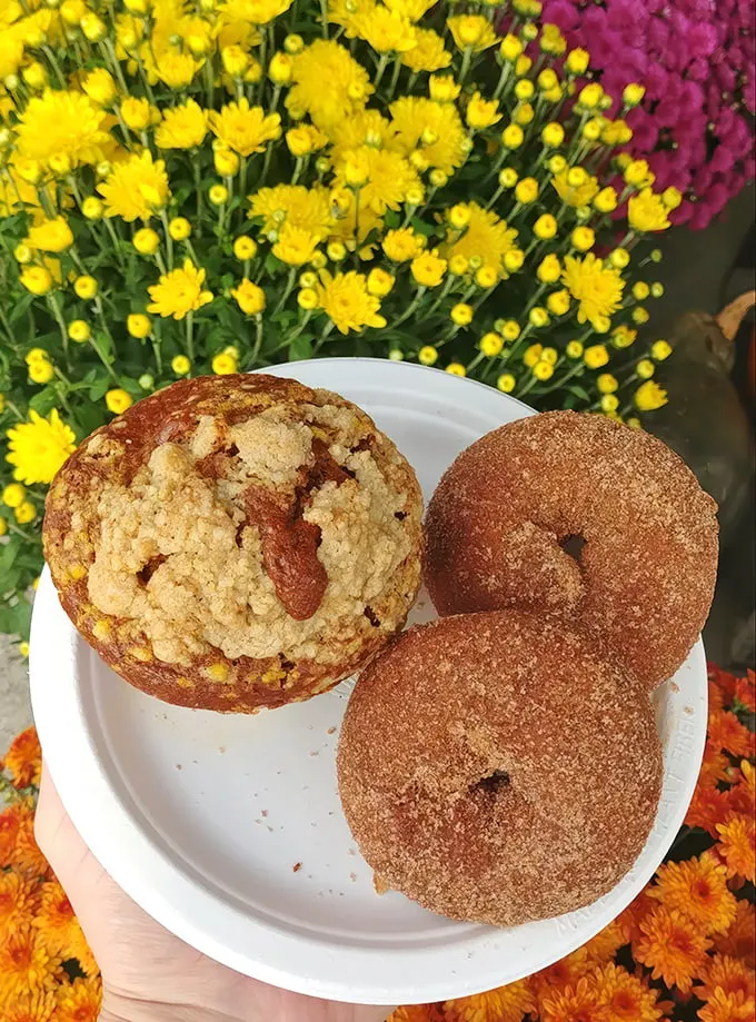 Fall in a bite! These pumpkin spice donuts and muffins are so cozy, they're practically wearing tiny sweaters.