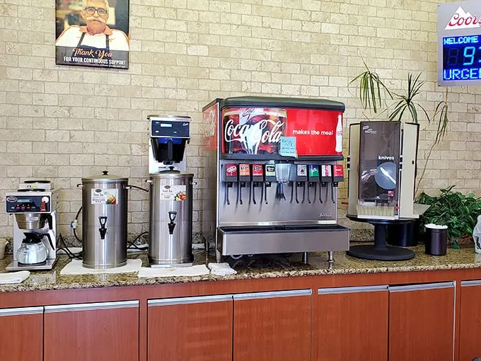 Thirst-quenching central! This drink station is like an oasis in the desert of flavor you've just traversed.