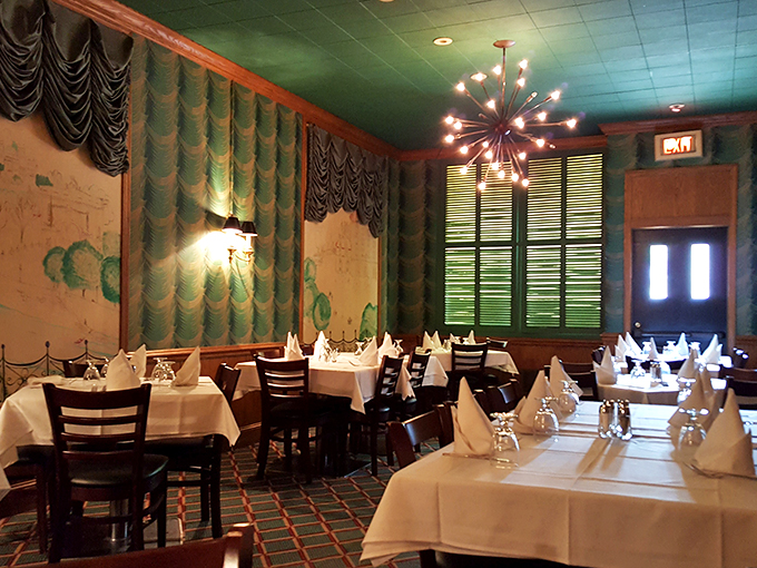 Forget mood lighting – these chandeliers are setting the mood for a memorable meal. Dim lights, full plates, can't lose!