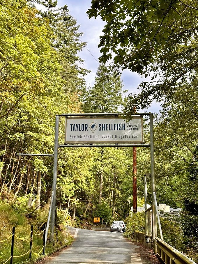 The gateway to gastronomic bliss! This sign marks the spot where seafood dreams come true. X marks the spot – and the X is made of oyster shells.
