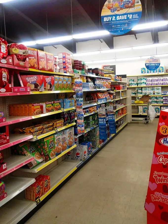 A symphony of crinkly bags and colorful packaging – this snack aisle is the adult version of a kid in a candy store.