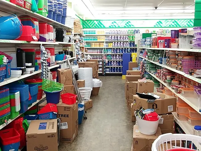 Plastic fantastic! This aisle of colorful containers promises to organize your life, one dollar at a time.
