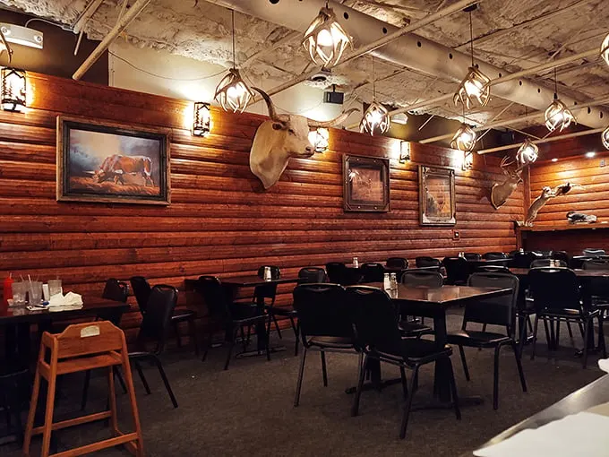 Dine under the watchful eyes of… well, everything! This room's got more mounted heads than a taxidermist's convention.