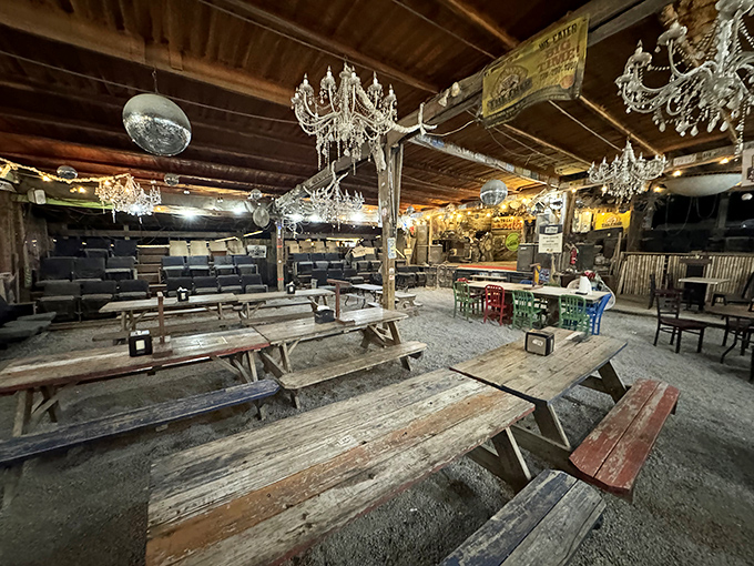Picnic tables and chandeliers – it's like your childhood treehouse grew up and got a job at a fancy restaurant. Talk about down-home chic!