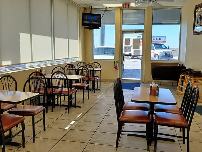 Where burger dreams come true. This cozy dining area is the stage for many a happy food coma.