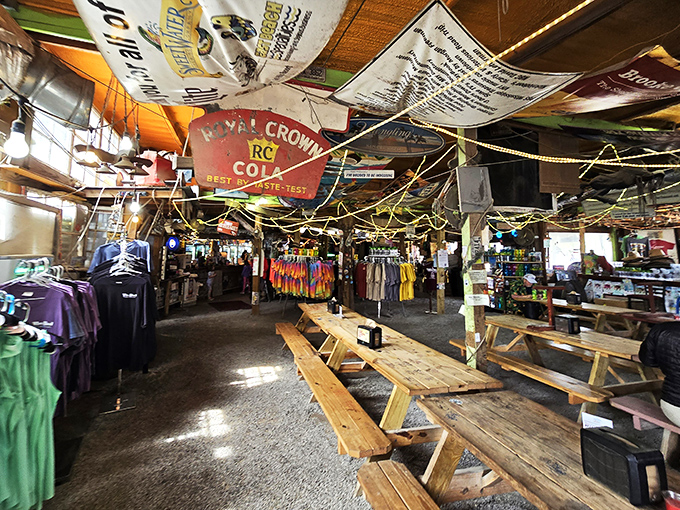 Welcome to the barbecue circus! The Shed's interior is a sensory overload in the best way possible. Don't forget to look up – the ceiling's a show-stopper!